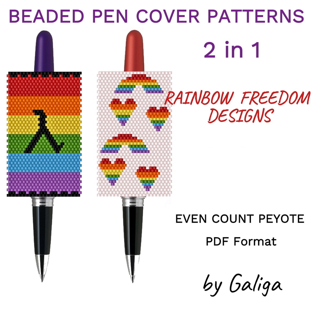 Beaded Pen Covers Patterns LGBT Seed Bead Pen Wrap Rainbow Hearts ...
