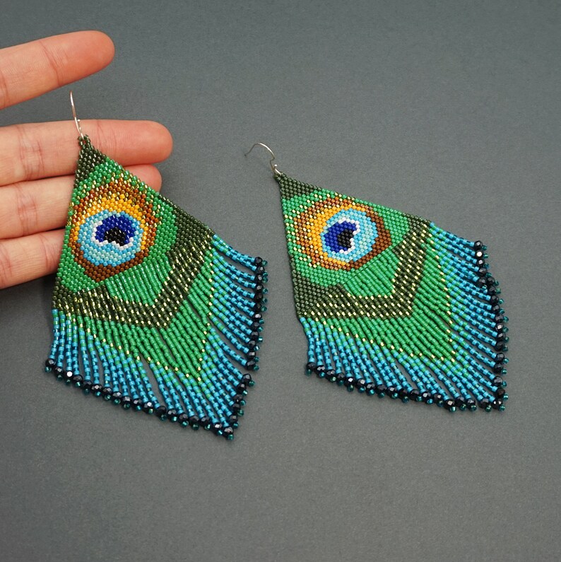 Peacock Beaded Earrings Pattern Brick Stitch Fringe Beading Pattern DIY ...
