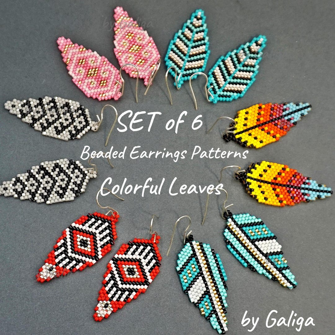 Leaf Beaded Earrings Patterns SET of 6 for Beading Jewelry Making DIY ...