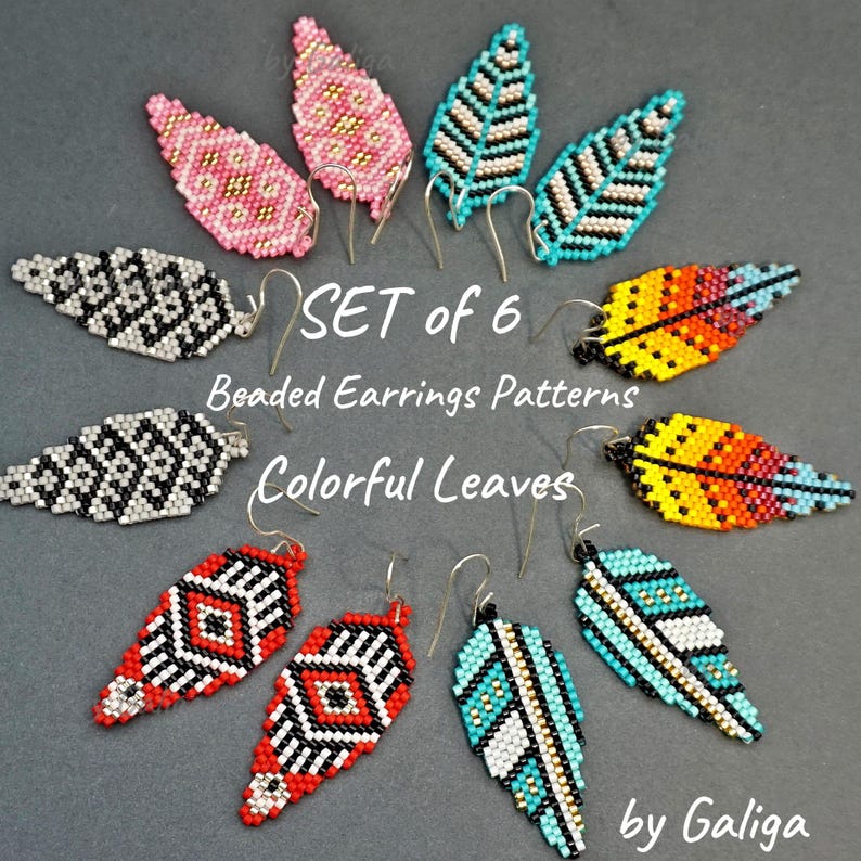 Leaf Beaded Earrings Patterns SET of 6 for Beading Jewelry Making DIY ...