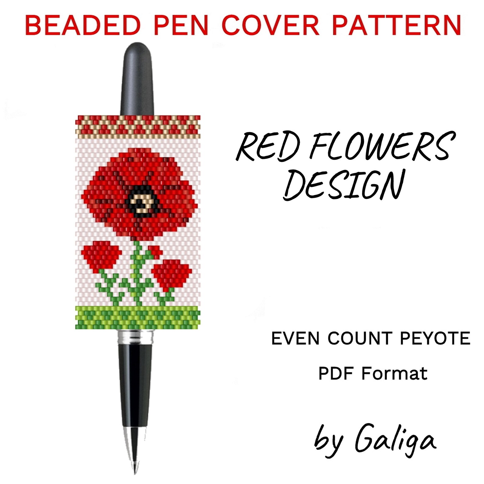 Red Flowers Pattern Beaded Pen Cover DIY Beading Pen Wrap Digital ...