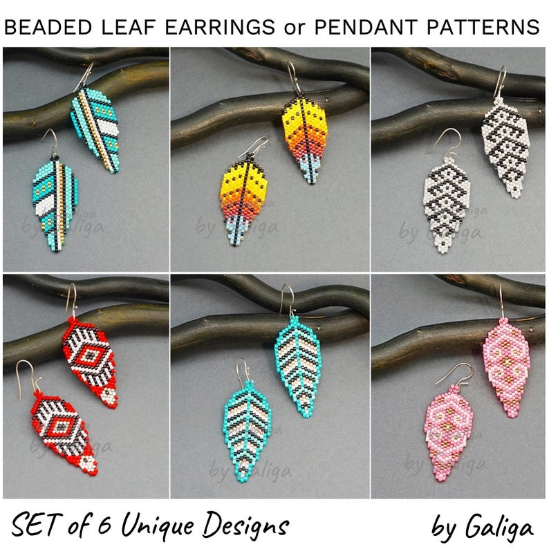 Leaf Beaded Earrings Patterns SET of 6 for Beading Jewelry Making DIY ...