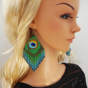 Peacock Beaded Earrings Pattern Brick Stitch Fringe Beading Pattern DIY ...