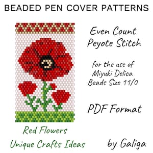 Red Flowers Pattern Beaded Pen Cover DIY Beading Pen Wrap Digital Patterns Pdf Seed Bead Floral ...