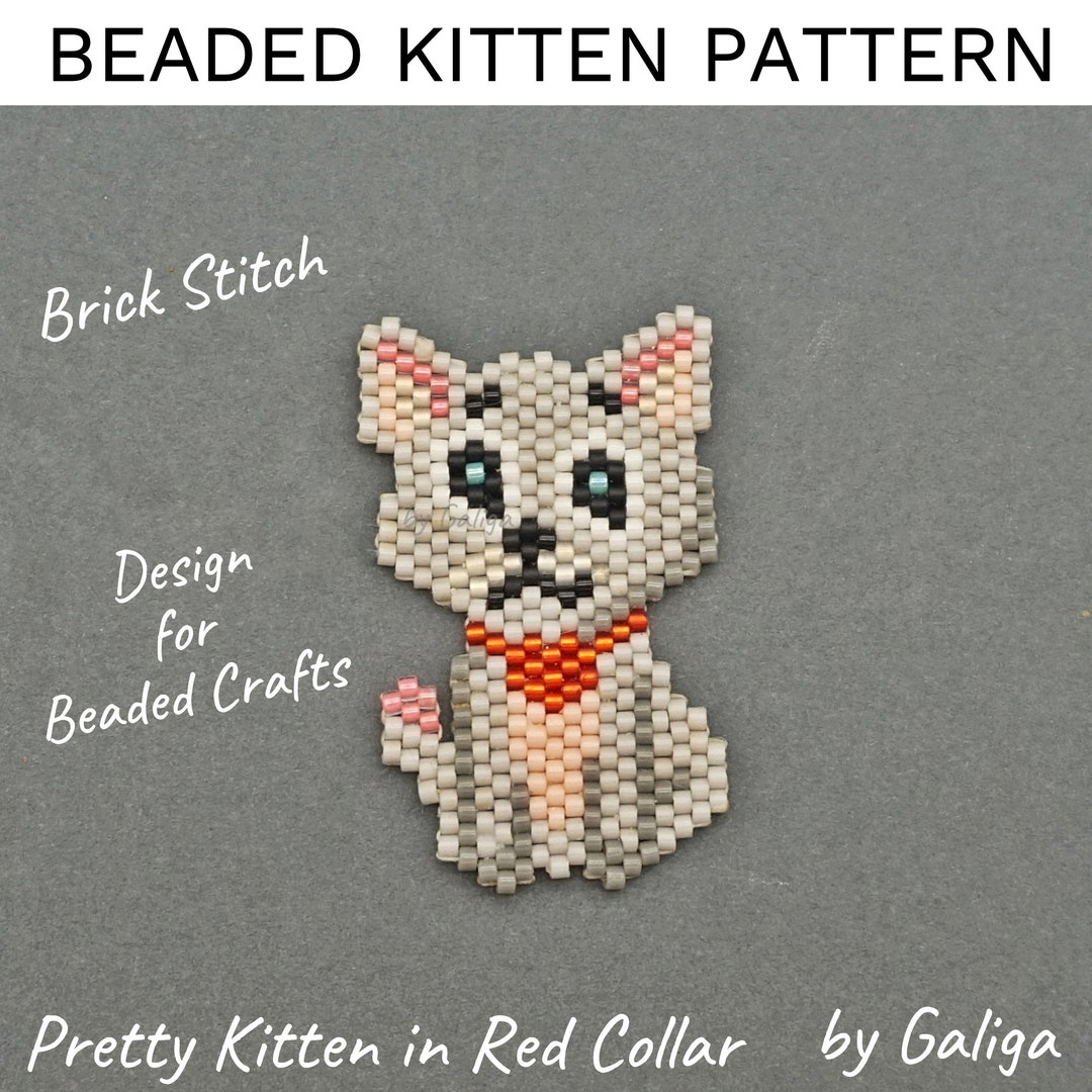 Gray Kitten in Red Collar Beaded Pattern DIY Jewelry Design Seed Bead ...