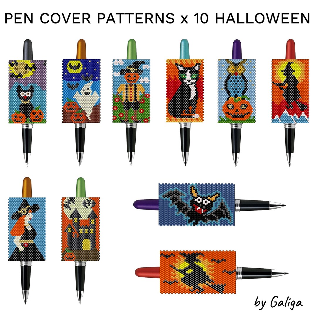 Halloween Pen Cover Patterns Set of 10 Beaded Pen Wrap Witch Bat Can ...