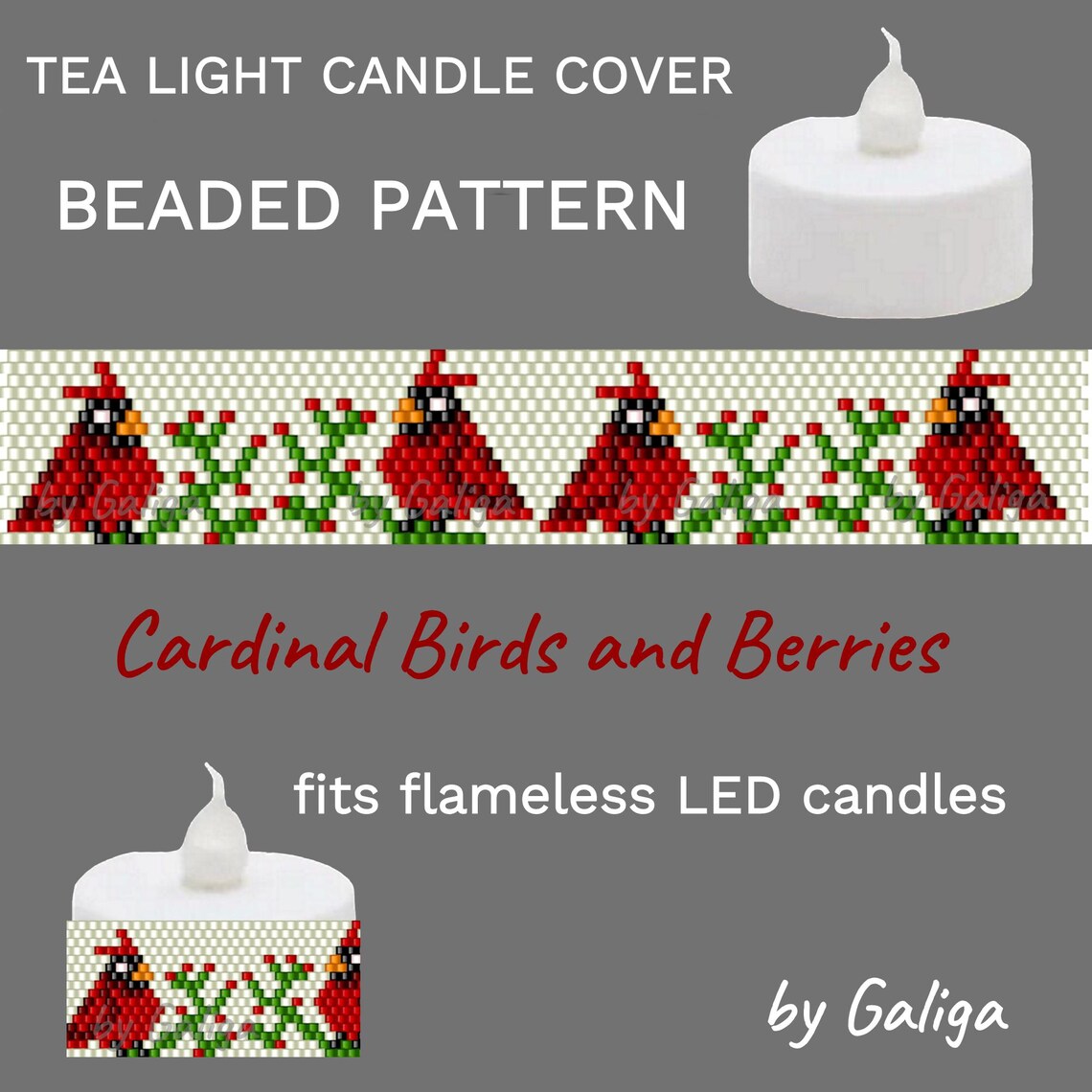 Cardinal Bird Tea Light Candle Cover Pattern Beaded Red and Green ...