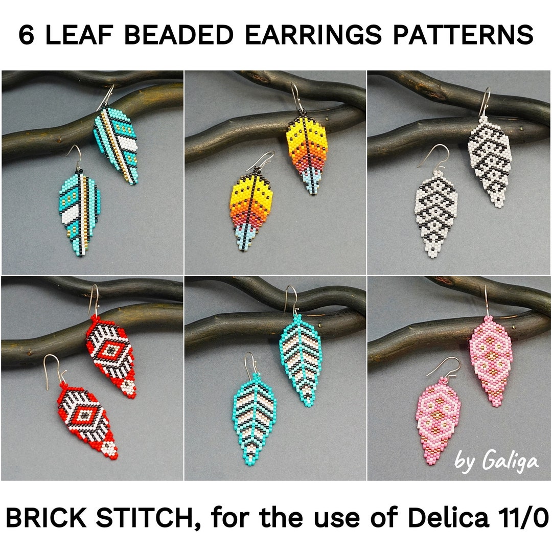 Leaf Beaded Earrings Patterns SET of 6 for Beading Jewelry Making DIY Seed Bead Designs Leaves ...