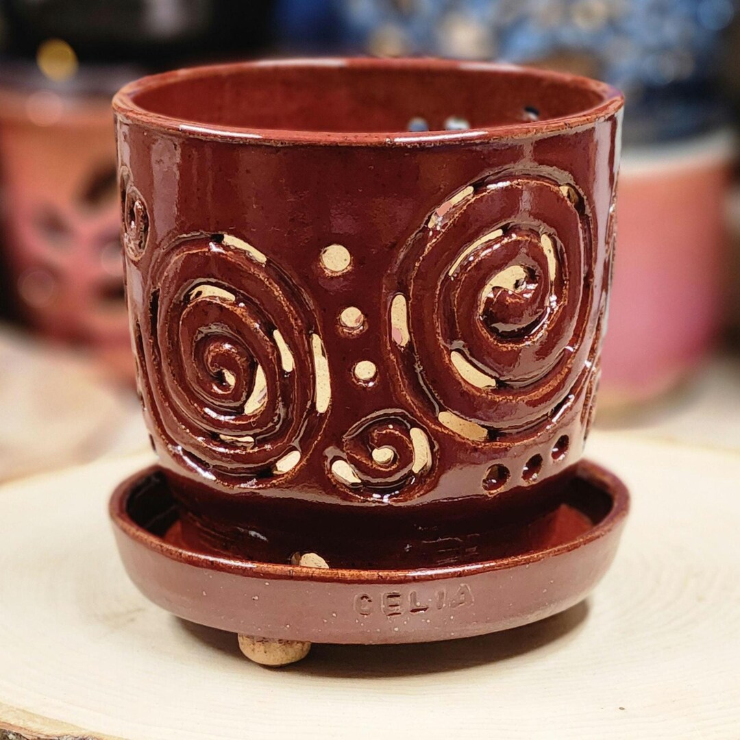 Ceramic Orchid Planter With Saucer, Deep Red Plant Pot Handmade ...