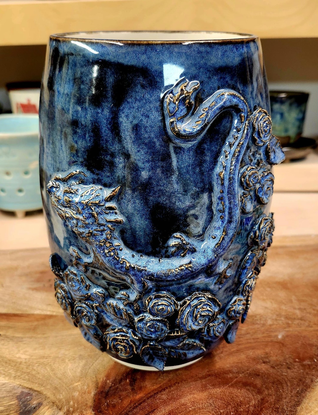 Ceramic Dragon Vase Large, Porcelain Collectable, Sapphire Reactive ...