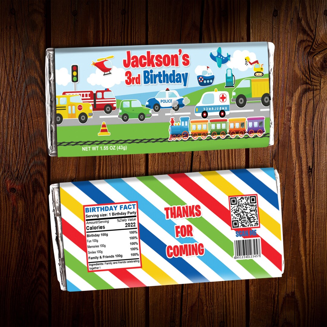 Vehicle Theme Candy Bar Wrapper 1.55 Oz Chocolate Bar Cars Theme Candy ...
