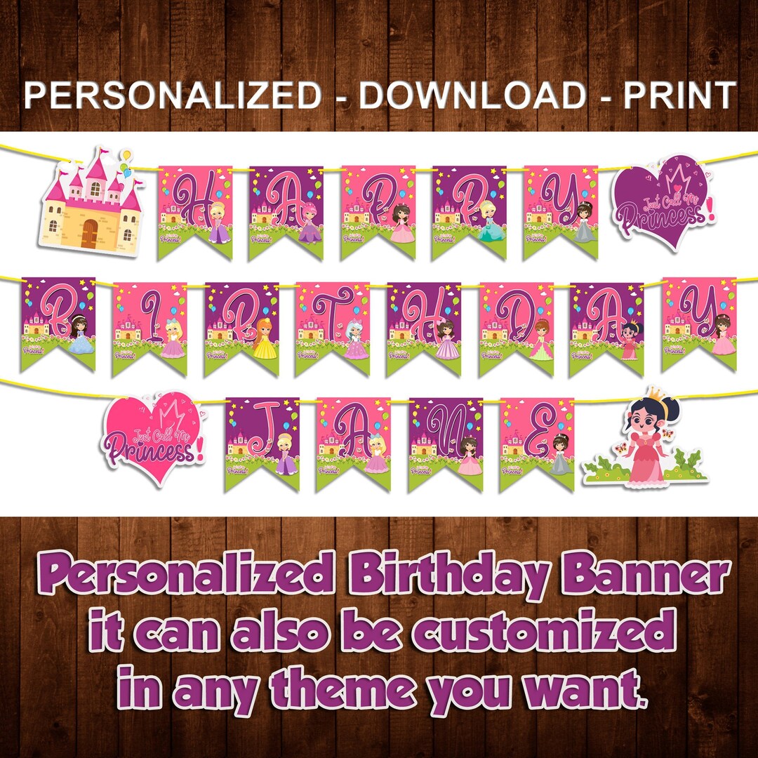 Personalized Princess Birthday Banner, Printable Party Garland (digital ...