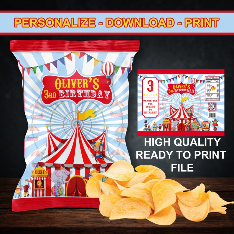 Personalized Circus Chip Bags, Carnival Birthday Party Favors (digital ...
