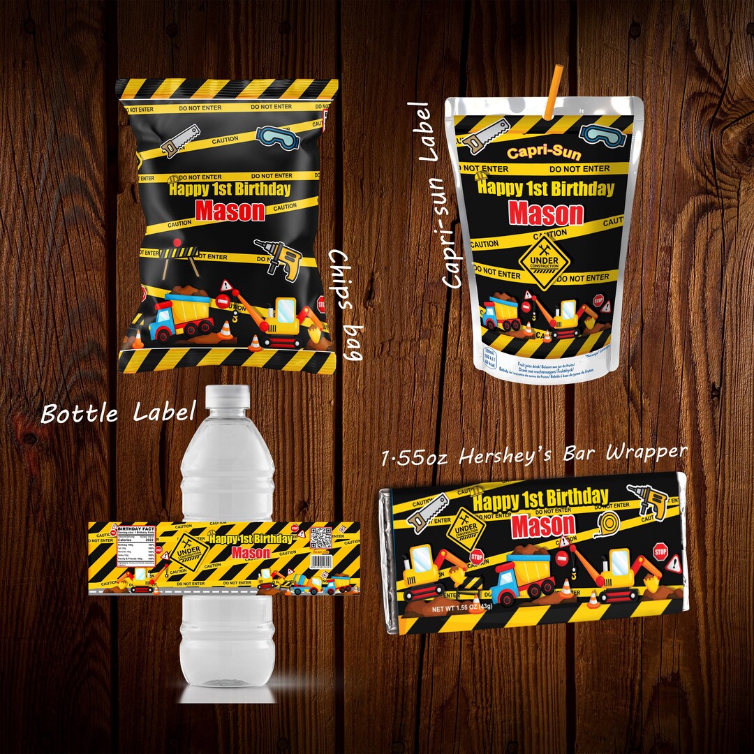 Construction Party Favor Bundle Bottle Wrapper Caprisun Label Candy Bar ...