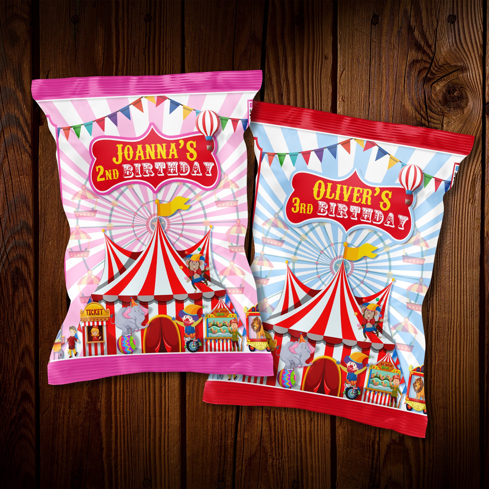 Personalized Circus Chip Bags, Carnival Birthday Party Favors (digital ...