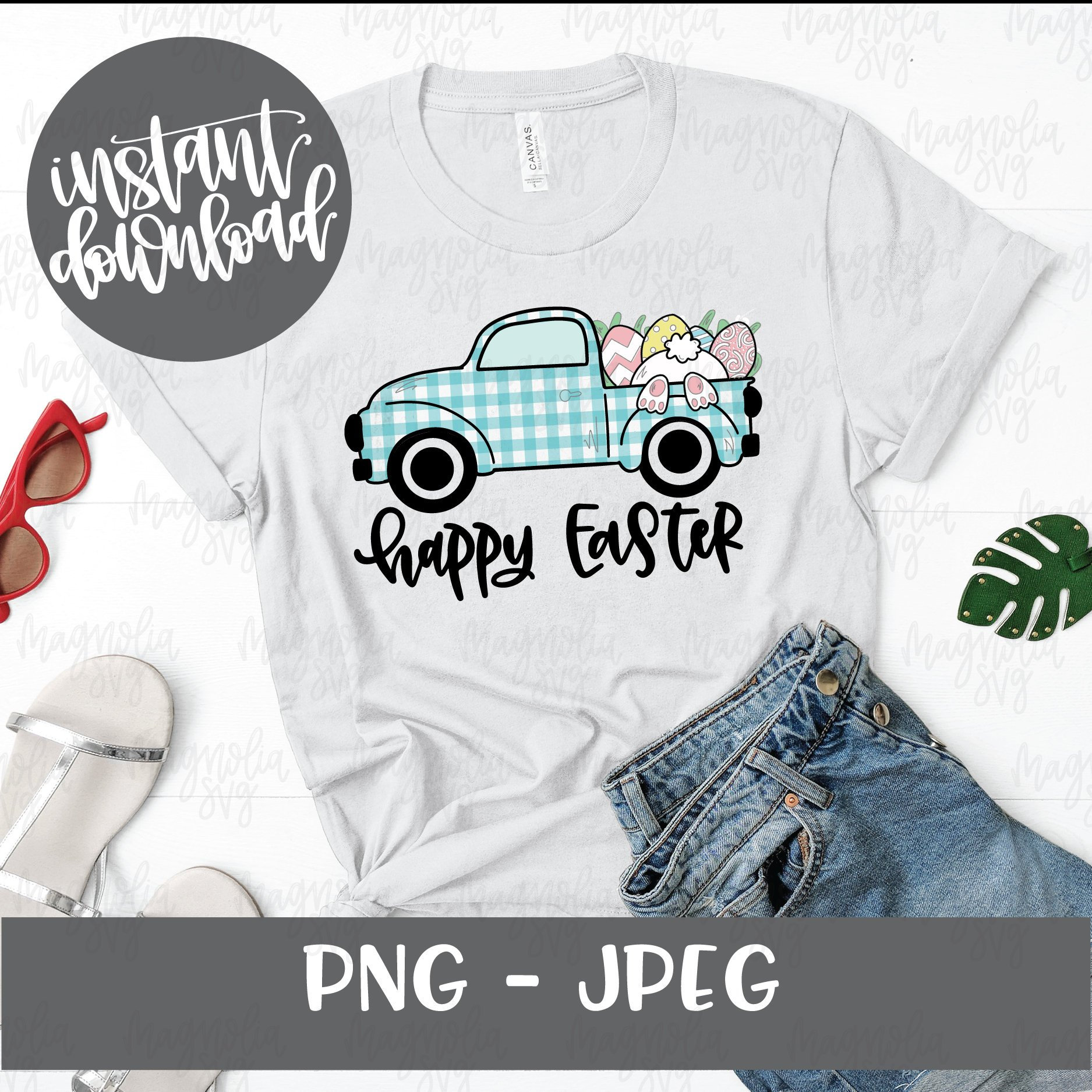 Happy Easter Plaid Truck Graphic, Blue Plaid Old Truck Design With ...