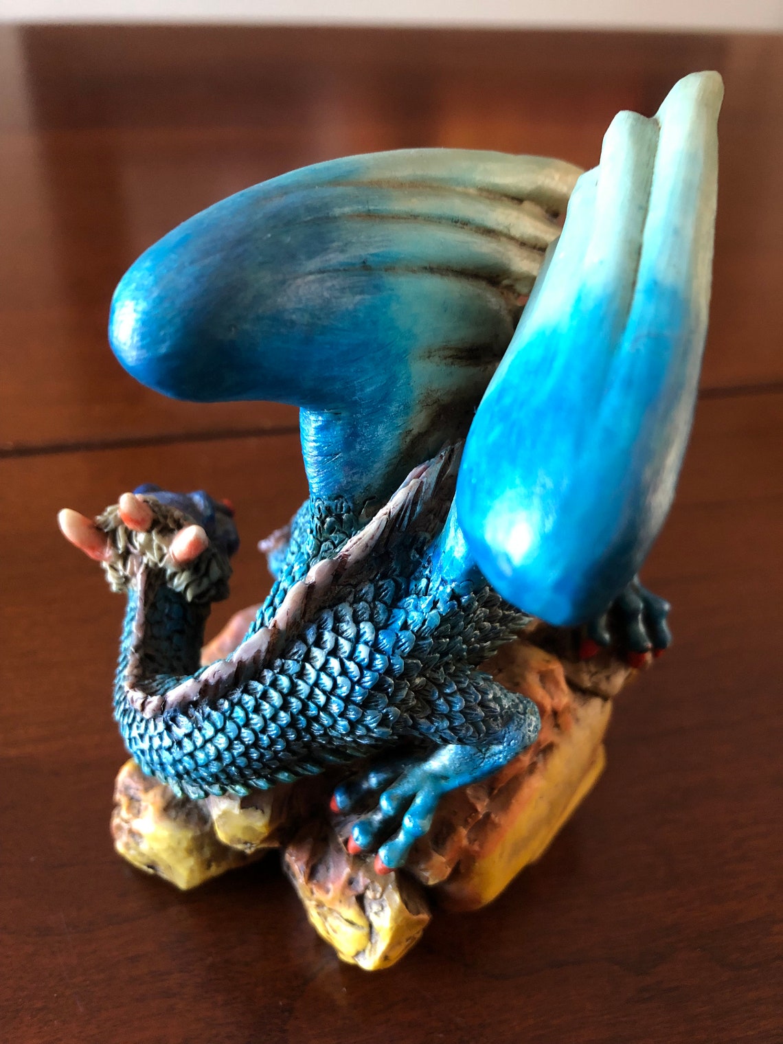 1998 WUI Resin Dragon Figurine Sitting on Rocks Blue Winged - Etsy