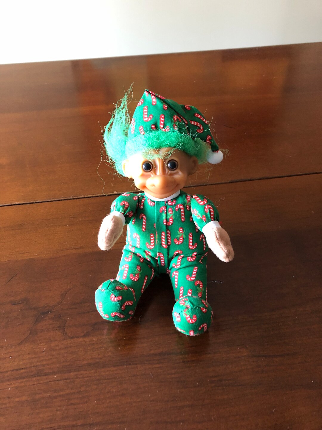 Vintage Christmas Russ Troll Doll, Candy Cane Pjs, Green Haired Troll ...