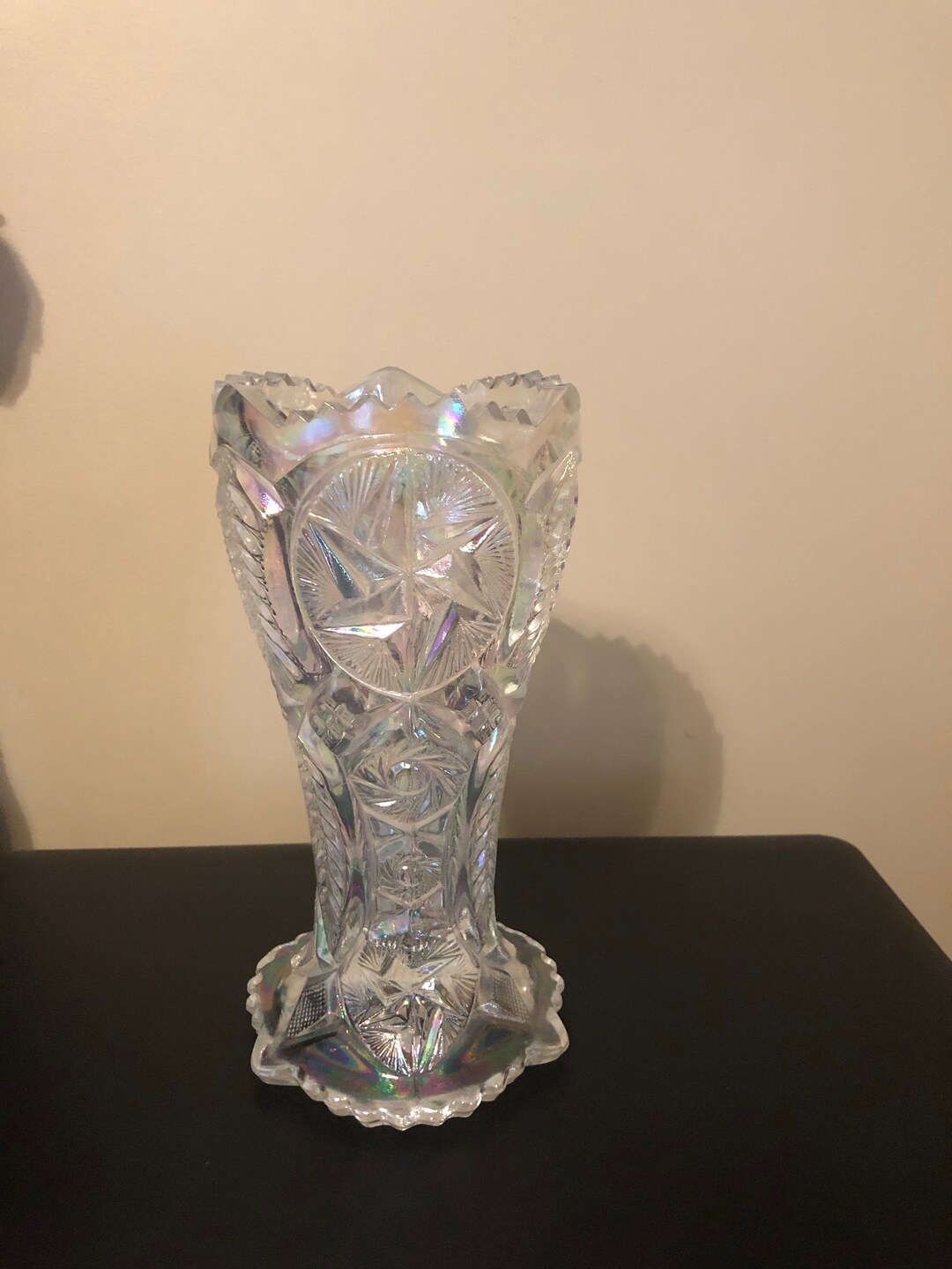Vintage L.E. Smith Whirling Star Clear Carnival Glass Vase, Heavy ... Vintage L.E. Smith Whirling Star Clear Carnival Glass Vase, Heavy ...