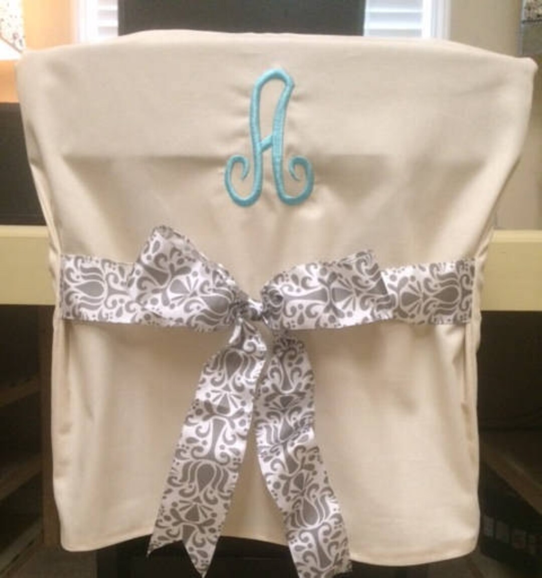 Monogrammed Single Initial Chair Back Cover With Grey and White Ribbon ...