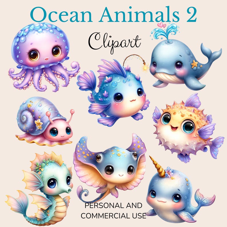 Cute Ocean Animals 2 Clipart, Junk Journal, Fussy Cut, Watercolor ...