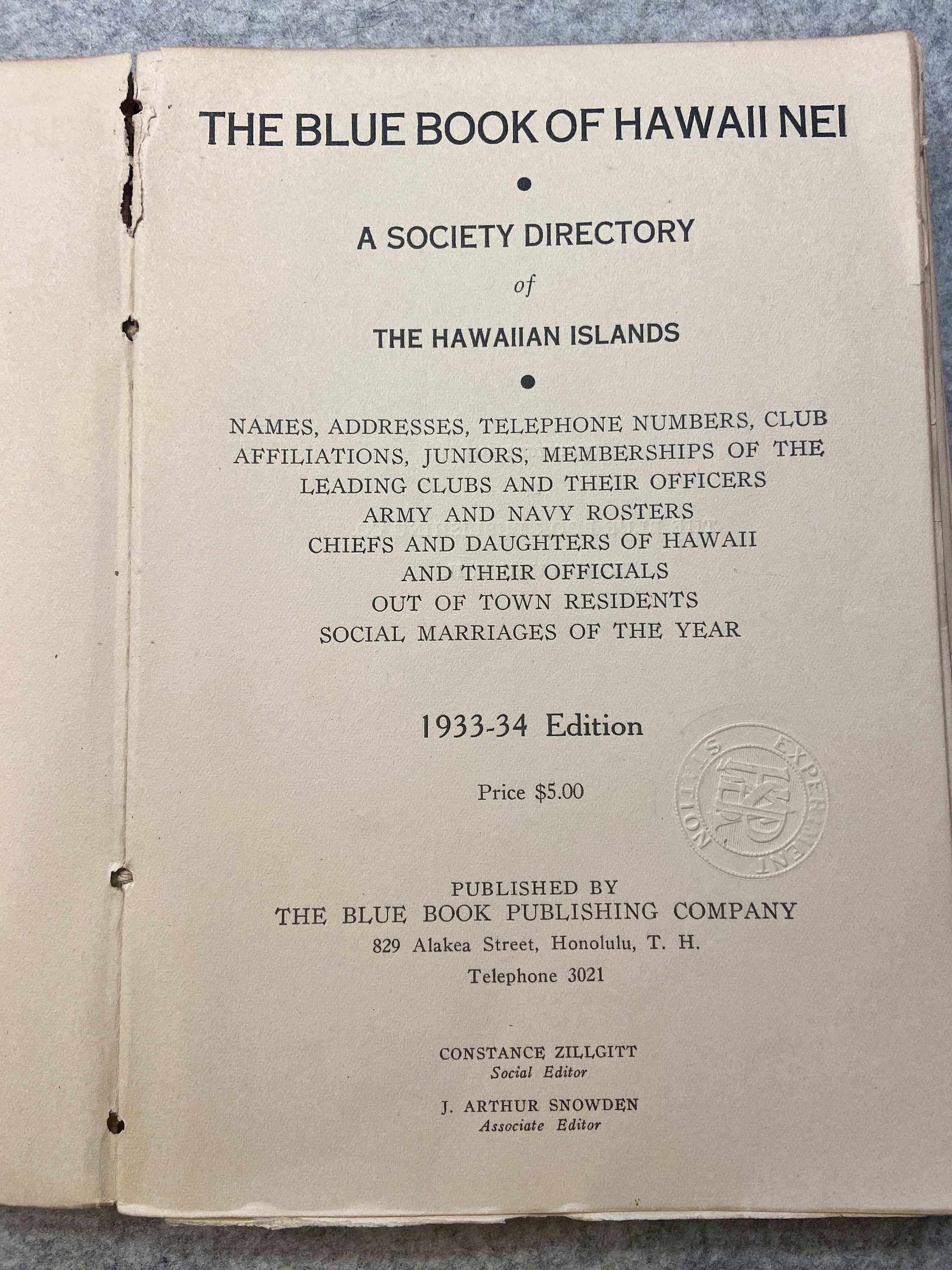 Rare 1933-1934 Blue Book of Hawaii Nei: Society Directory - Etsy