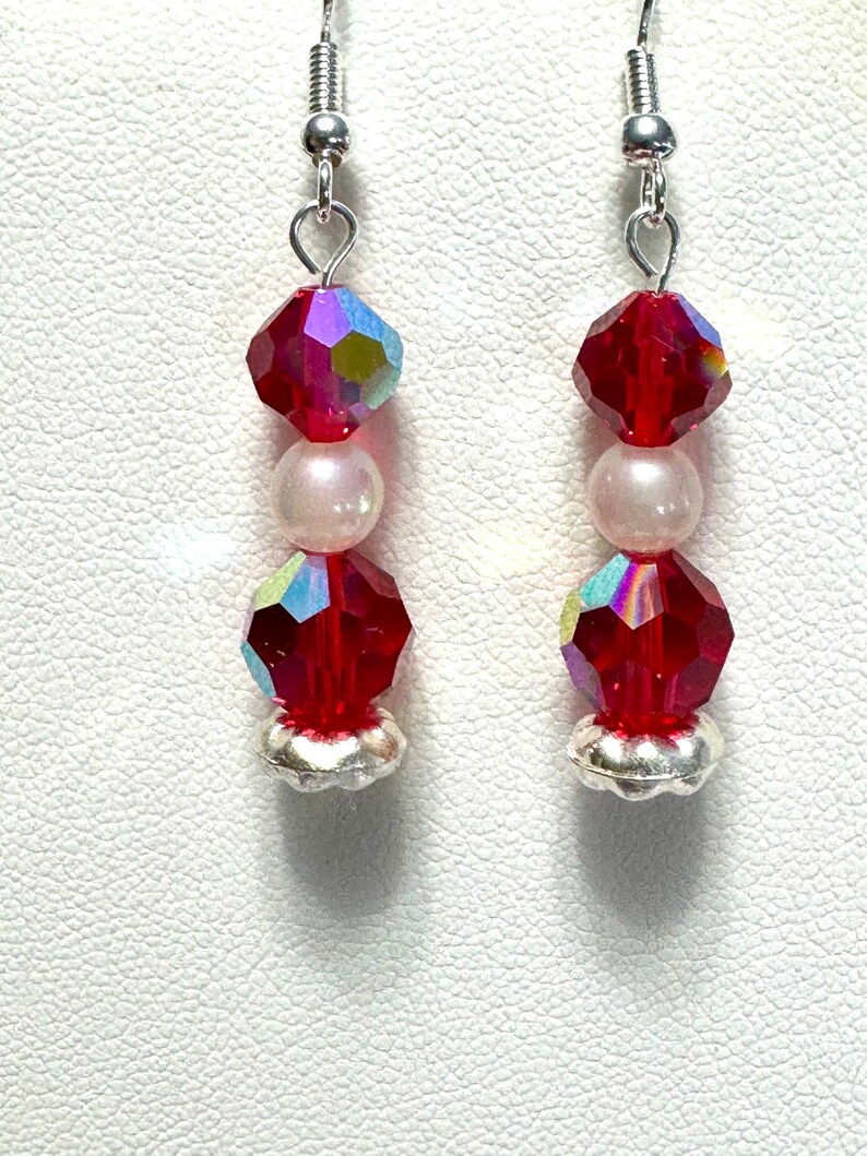 Red and White Swarovski Drop Earrings With Sterling Silver Ear Wire - Etsy