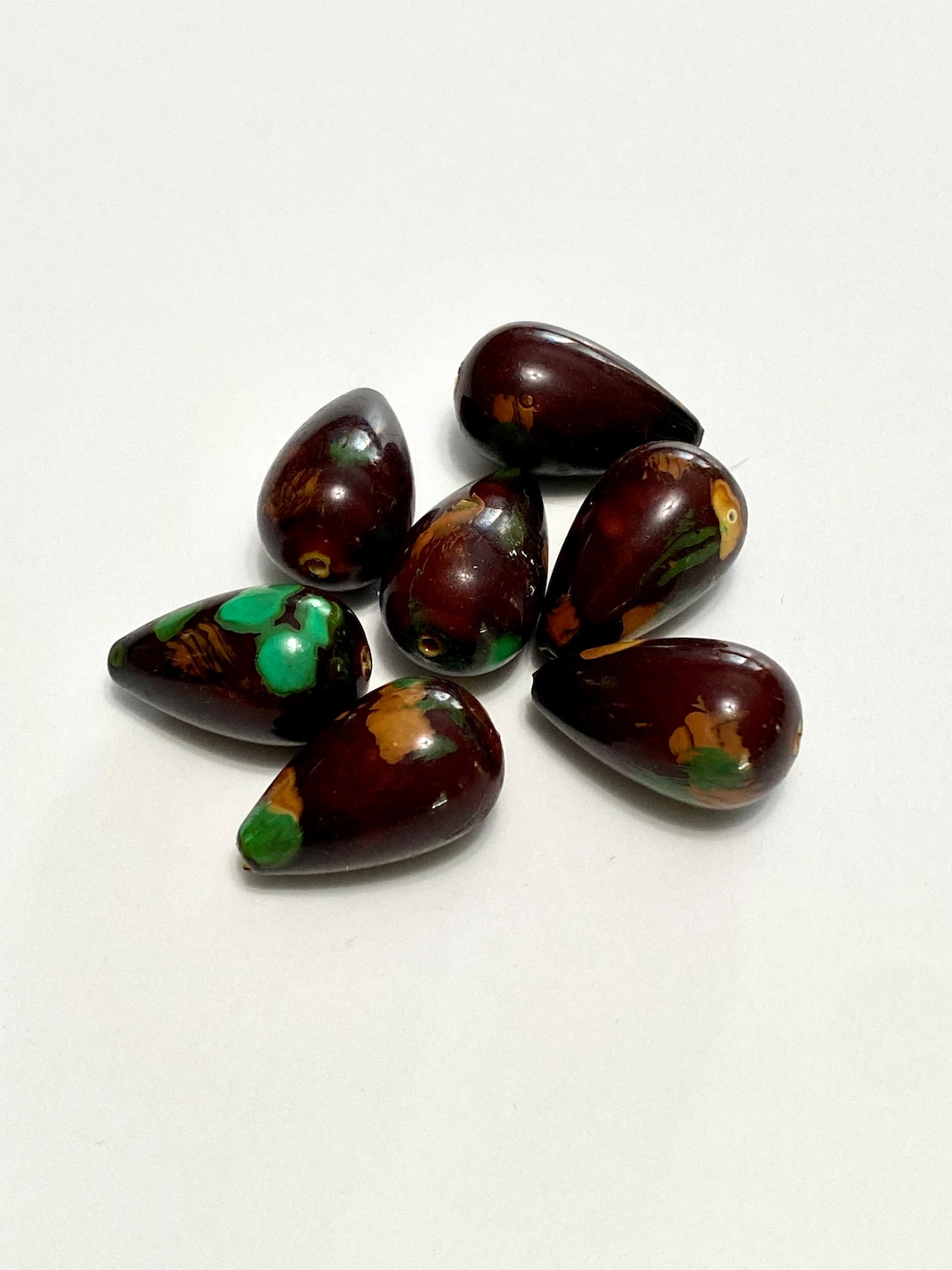 Vintage Lucite Brown Green and Gold Teardrop Beads, Teardrop Beads ...
