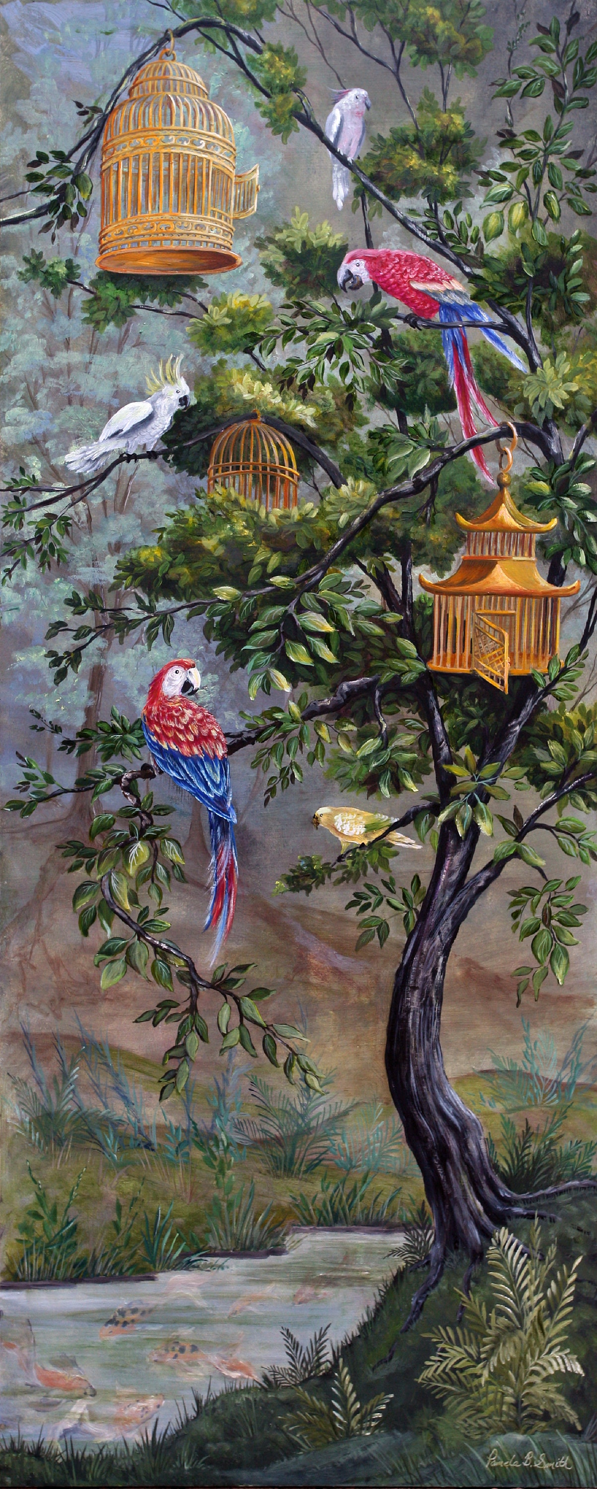 Parrot Painting-bird Cage-original Oil Landscape-original Art-large ...