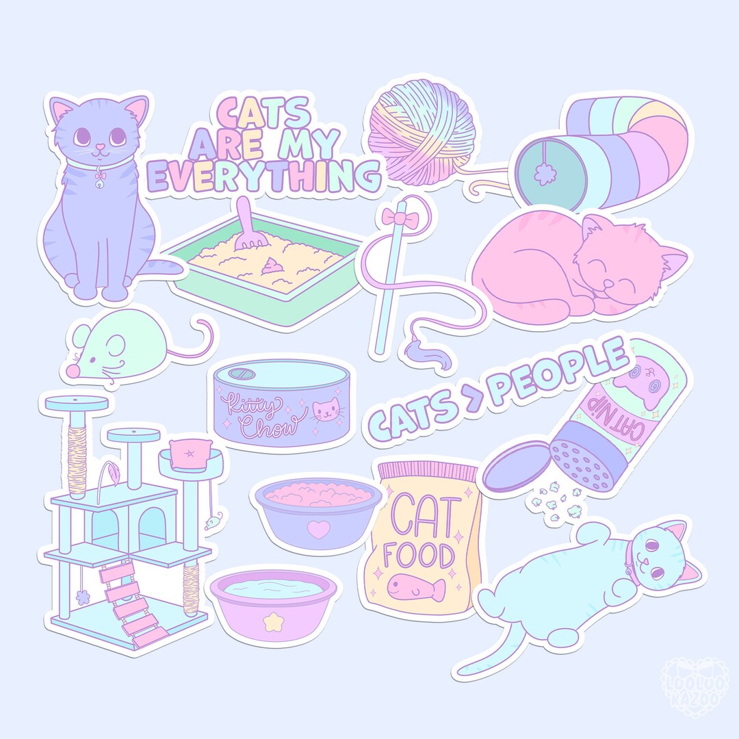 16 Pack Purr-fectly Pastel Sticker Pack, Holographic Stickers, Cat ...