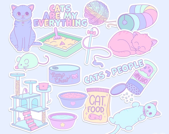 16 Pack Purr-fectly Pastel Sticker Pack, Holographic Stickers, Cat ...