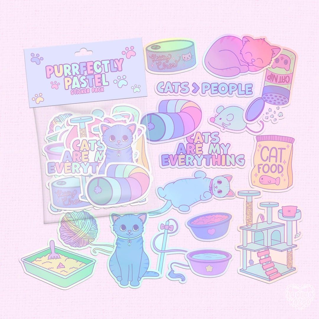 16 Pack Purr-fectly Pastel Sticker Pack, Holographic Stickers, Cat ...