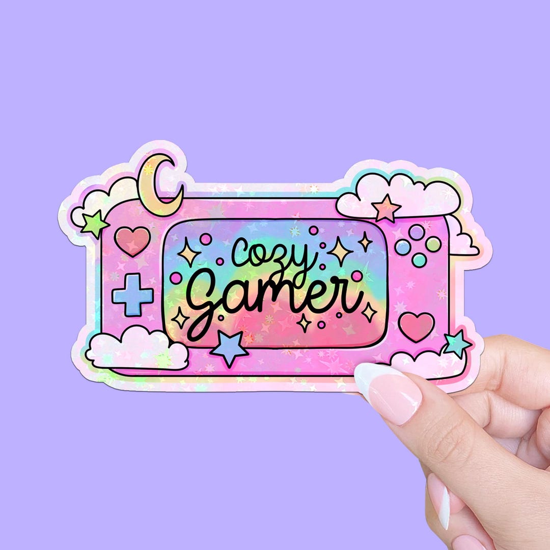 Holographic Cozy Gamer Vinyl Die Cut Sticker, Rainbow Cute Gamer Girl ...
