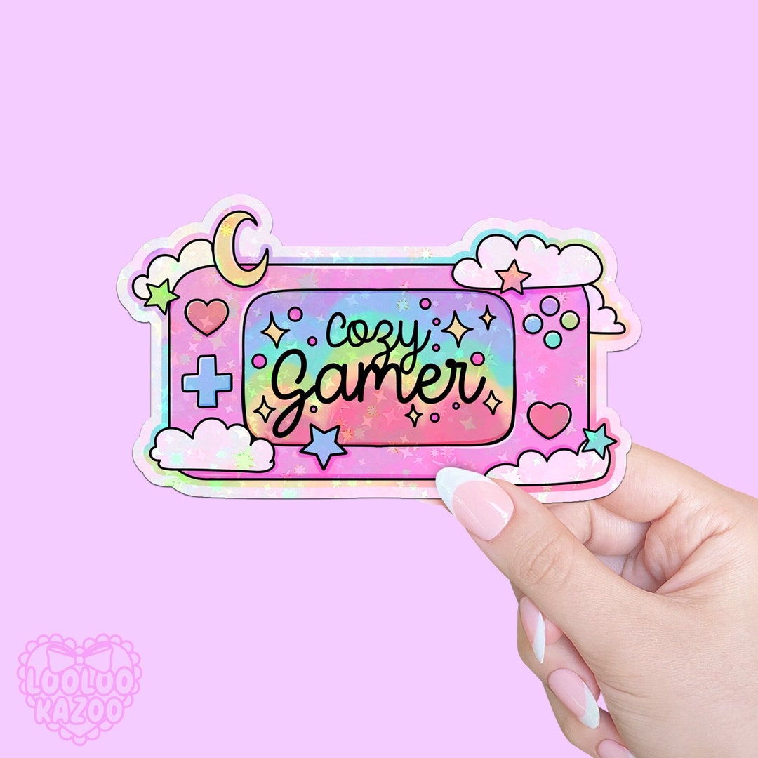 Holographic Cozy Gamer Vinyl Die Cut Sticker, Rainbow Cute Gamer Girl ...
