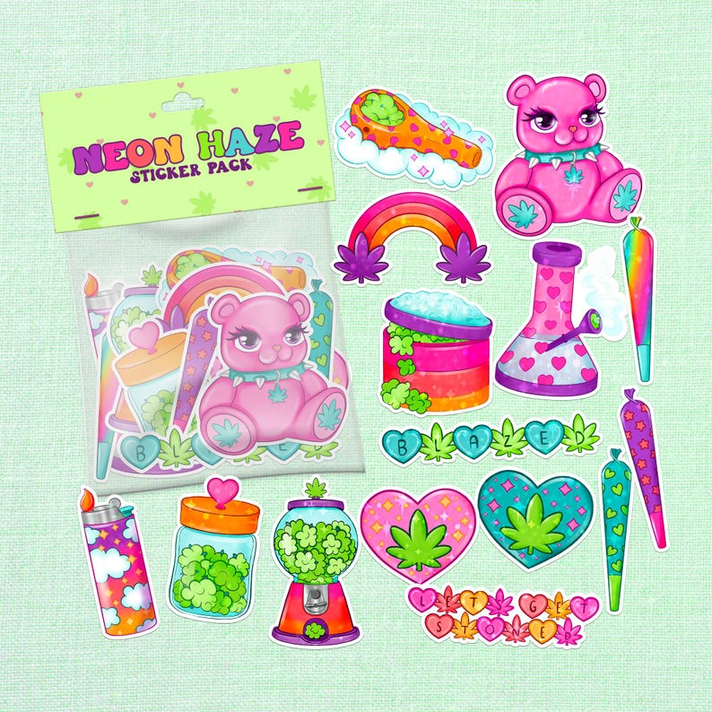 15 Pack Neon Stoner Sticker Pack, Holographic or Matte Aesthetic Vinyl ...