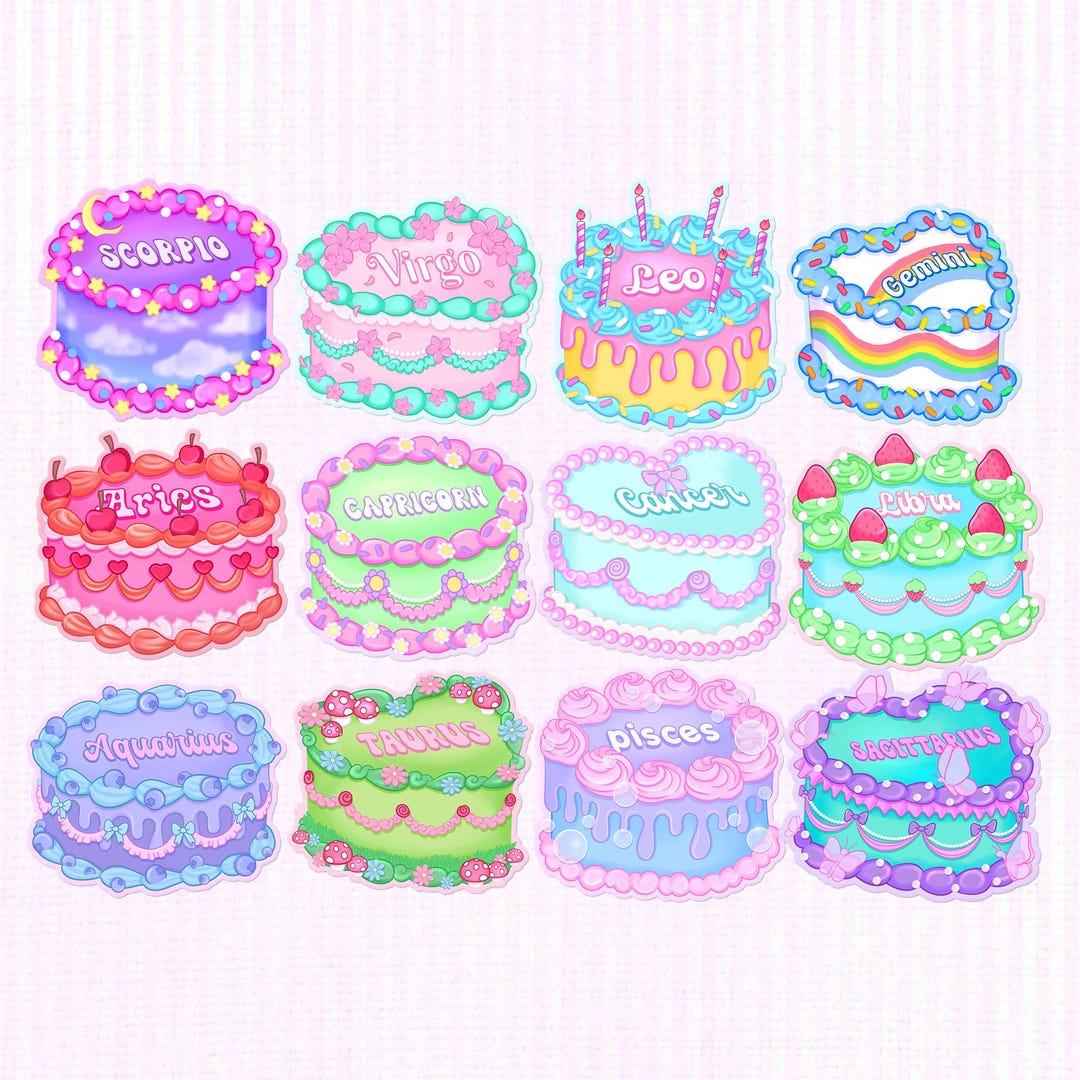 Holographic Zodiac Cakes Vinyl Stickers, Aries, Taurus, Gemini, Cancer ...