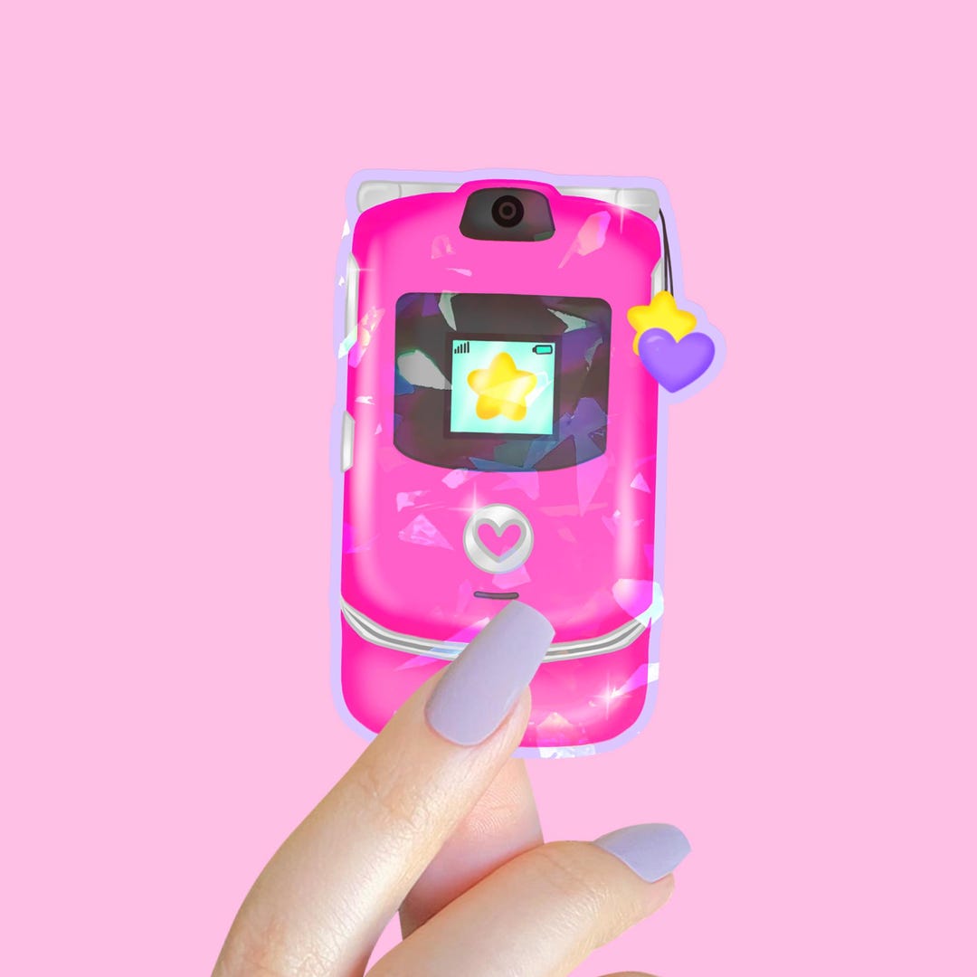 Y2K Pink Phone Holographic Vinyl Die Cut Sticker, Girly, Kawaii, Y2K ...