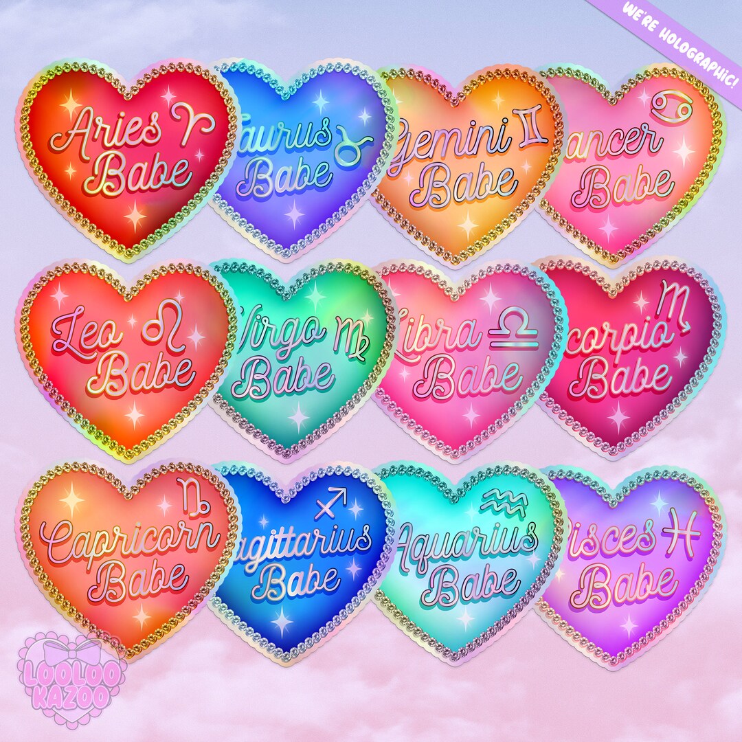 Holographic Heart Vinyl Stickers for Zodiac Signs, Aries, Taurus ...
