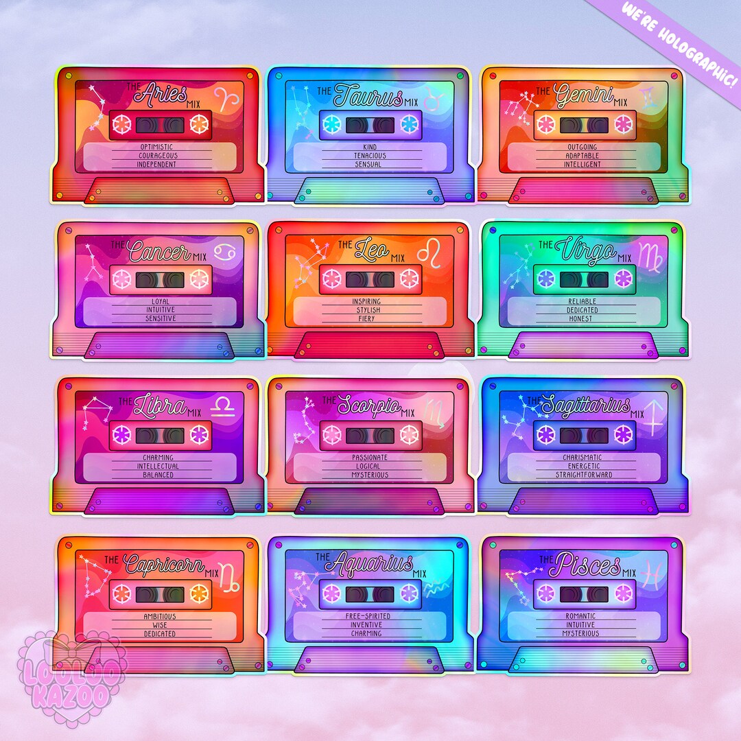 Holographic Mixtape Vinyl Stickers for Zodiac Signs, Aries, Taurus ...
