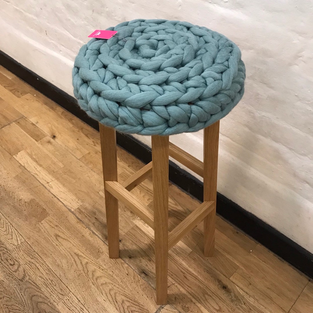 Chunky Knit and Hand Made Solid Oak Rebecca Bar Stool Tall Merino Wool ...