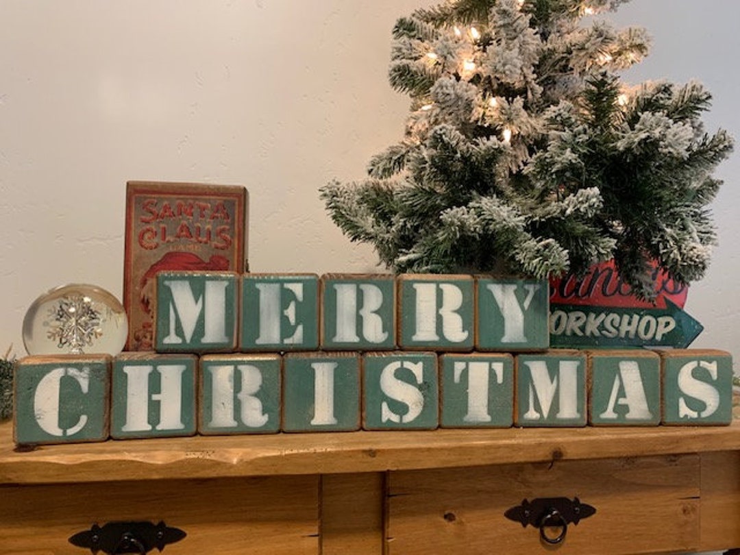 MERRY CHRISTMAS Vintage Wooden Green Blocks - Etsy