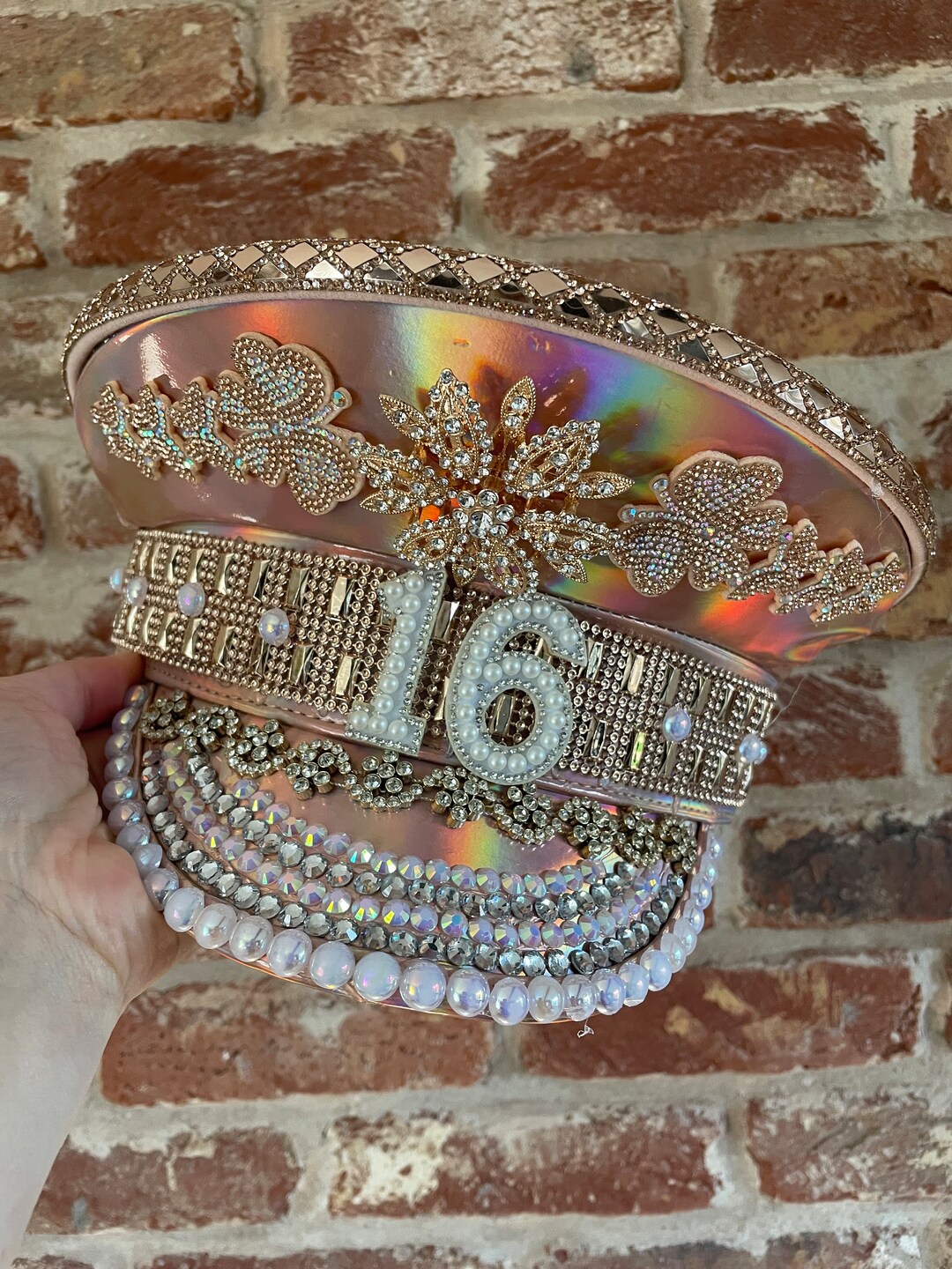 Rose Gold Birthday Rhinestone Hat, Captain Hat, Birthday Hat, Milestone ...