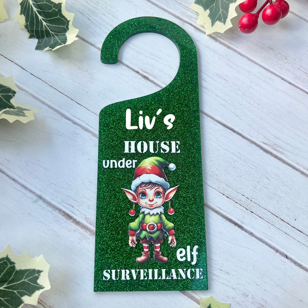 Personalised Elf Surveillance Door Sign Green Glitter - Etsy