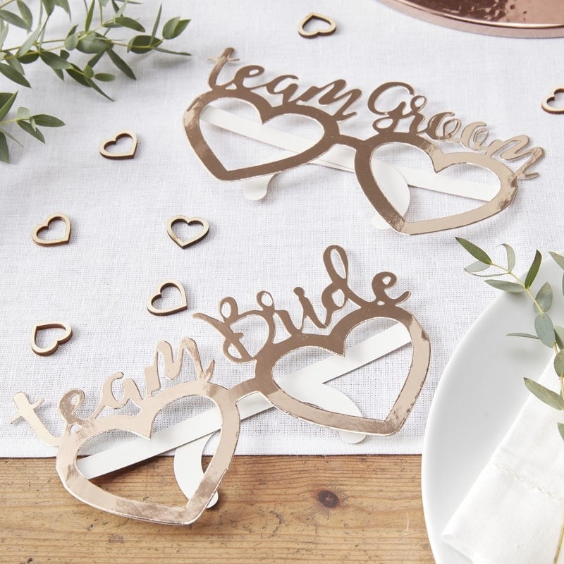 8 Rose Gold Wedding Photo Prop Glasses, Team Bride, Team Groom, Wedding ...