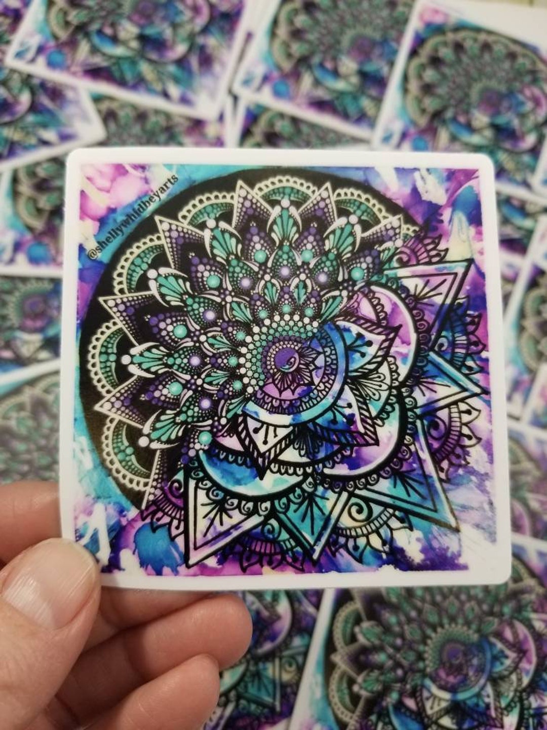 Half Traditional & Half Dot Mandala Sticker | 3x3" | Purple, Blue, Silver | Scratch-resistant ...
