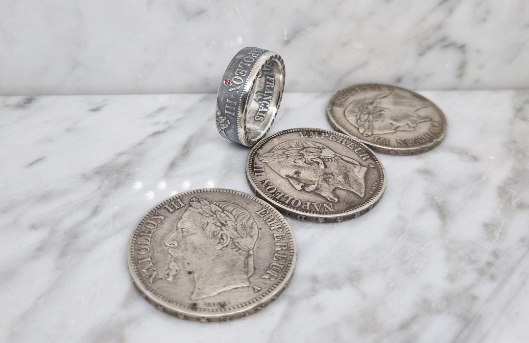 5 Francs Napoleon III Coin Ring, Visible in Silver and Set With a Ruby ...