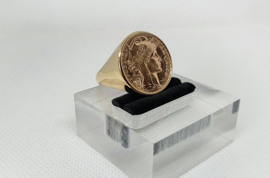 Solid 18-carat Gold Signet Ring and 20 Franc Gold Rooster Coin ...