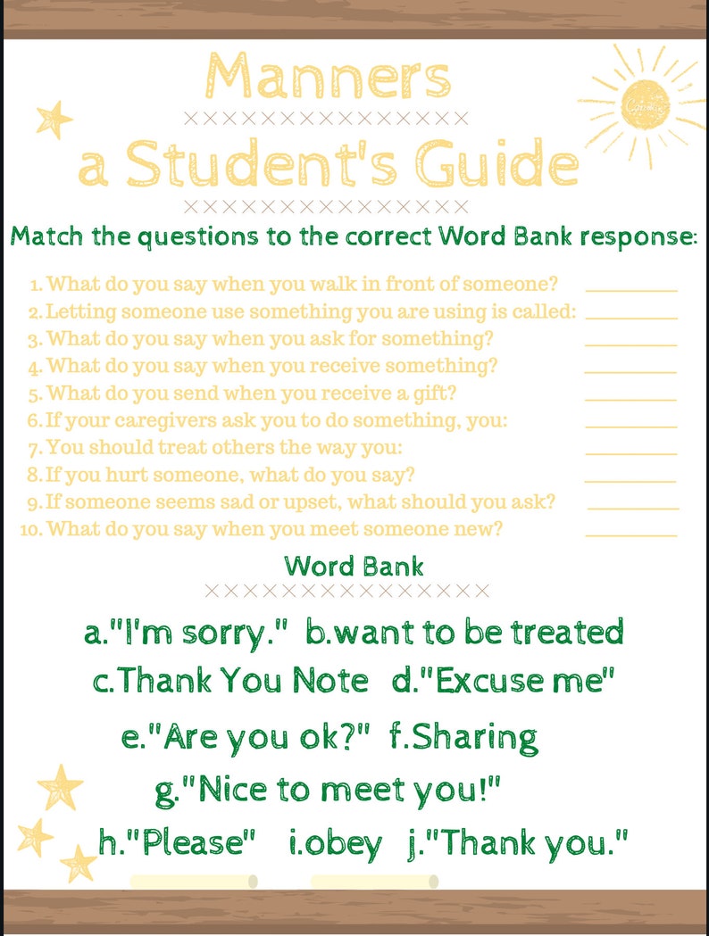 Manners Lesson Printable: School Counseling Guidance (PDF Download) - Etsy