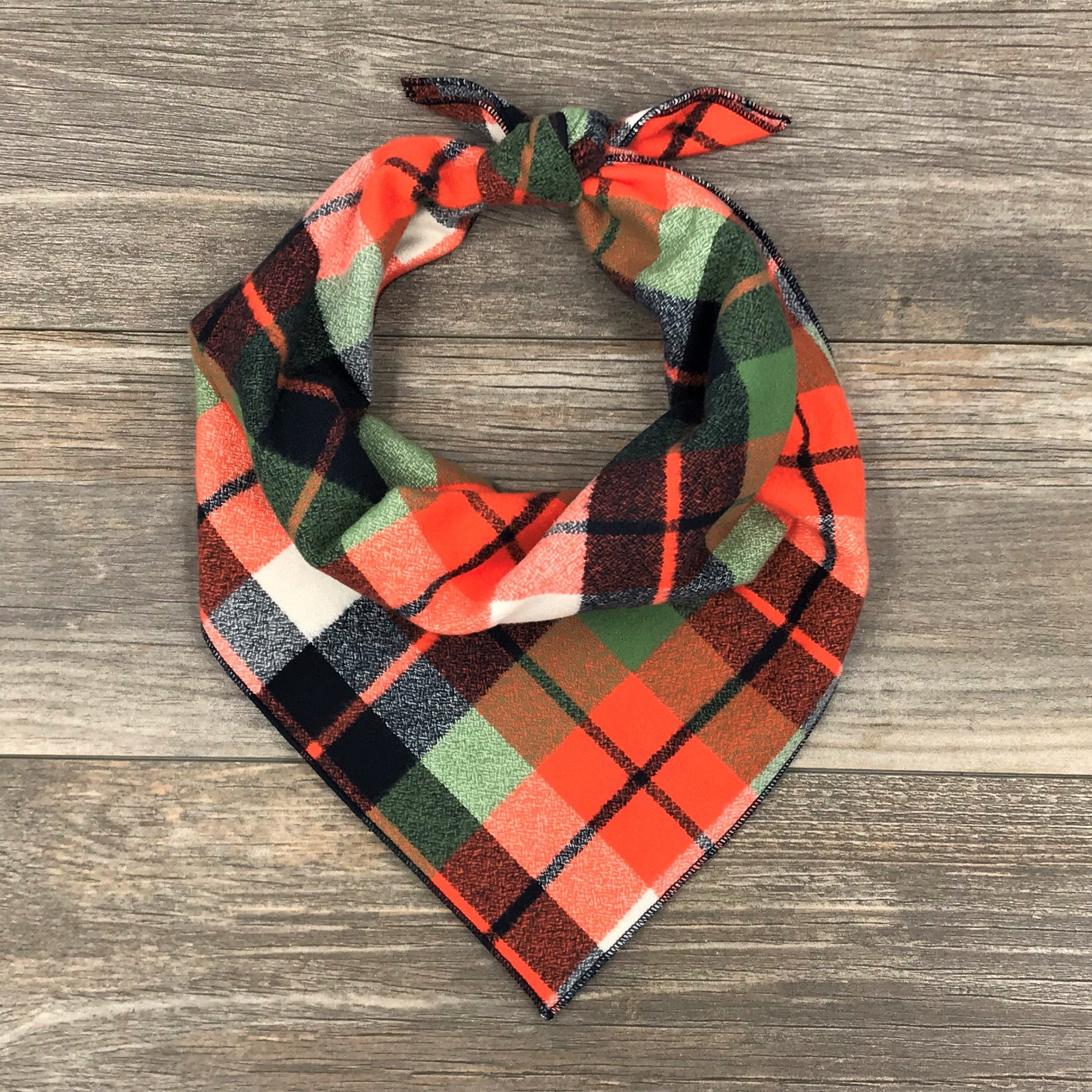 Fall Plaid Tie on Dog Bandana, Flannel Dog Bandana, Orange & Navy Blue ...