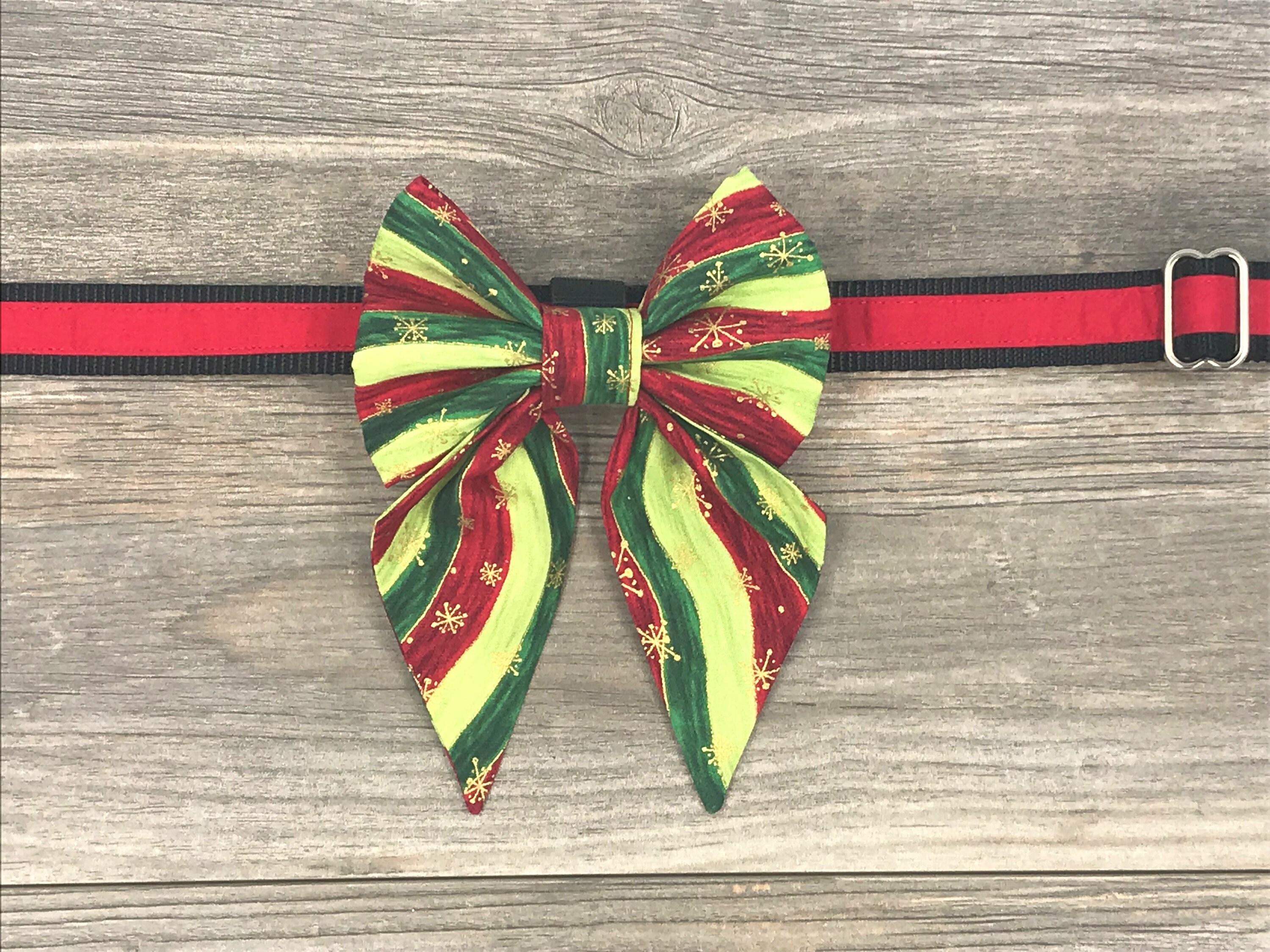 Christmas Dog Collar Bow-sailor Bow-red & Green Stripe With Snowflakes ...
